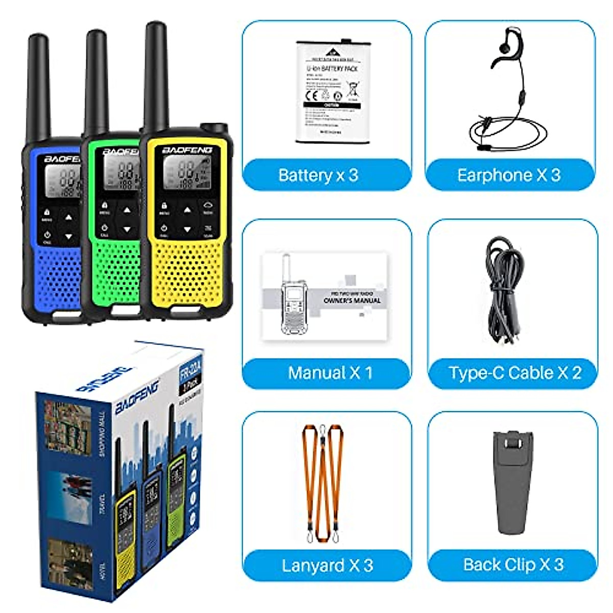 Walkie Talkies for Adults Long Range, BaoFeng Two Way Radio walkie-talkies 3 Pack Rechargeable Li-ion Batteries, 3 Miles 22 Channels USB Type-C Charger Auto Squelch for Biking Camping Hiking