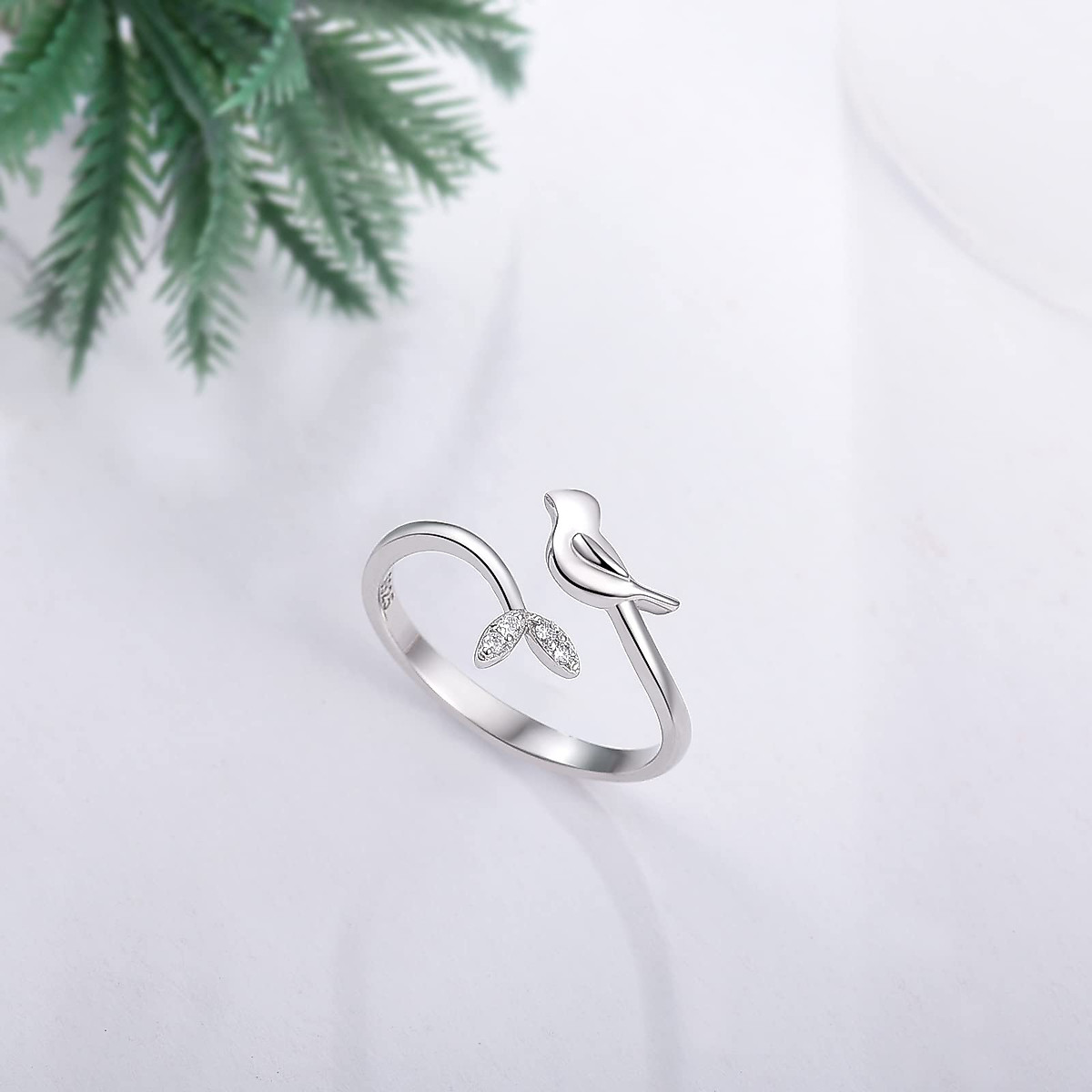 YLT 925 Sterling Silver Peace Dove Animal Jewelry Ring CZ Dove with Olive Leaf Adjustable Open bird of peace rings Gifts for Women Teens