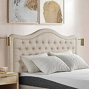 Rosevera Niana Upholstered Tufted Natural Linen Adjustable Headboard Bed with Adjustable Height for Bedroom, King, Wave Top Beige