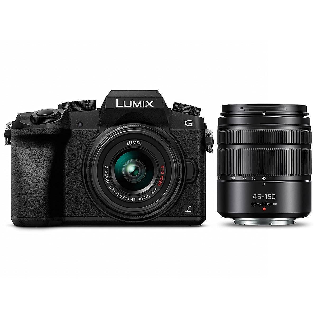 Panasonic Lumix DMC-G7 Mirrorless Camera with Lumix G Vario 14-42mm and 45-150mm Lenses Lens, Black - Bundle with Camera Case, 32GB SDHC Card, 46mm/52mm UV Filters, Pc Software Pack and More