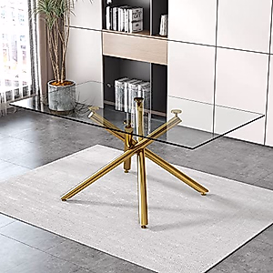 71inch Glass Dining Table for 6, Rectangle Kitchen Table with Golden Legs, Marble Texture Top Dining Table for 8, Dinner Dining Room Table for Home Kitchen Meeting Banquet