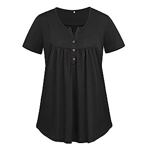 VISLILY Women's Plus Size V Neck Short Sleeve Henley Shirts Pleated Tunic Tops Black 20W