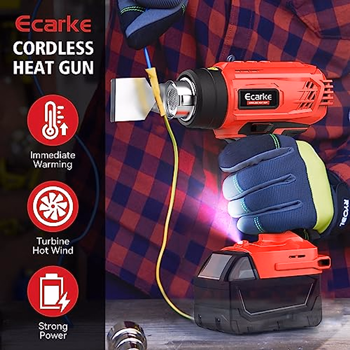 Ecarke Cordless Heat Air Gun for Milwaukee m18 18V Battery,350W 990℉ Rated Temperature Heat Gun Fast Heating for Milwaukee heat gun for Epoxy Resin/DIY Shrink PVC Tubing/Wrapping/Crafts(Tool only)