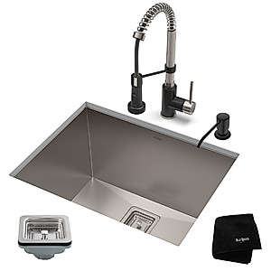 KRAUS 24-inch 18 Gauge Pax Laundry and Utility Sink Combo Set with Bolden 18-inch Kitchen Faucet and Soap Dispenser, Stainless Steel Matte Black KHU24L-1610-53SSMB