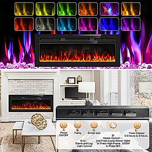 Upesitom 50" Electric Fireplace Recessed & Wall Mounted Fireplace Heater, Wall Fireplace Inserts, Mirrored Led Linear Fireplace with Remote Control, Timer, Adjustable Flame Color, 750/1500W, Black