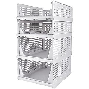 mupera Stackable Plastic Storage Basket - Upgrade Collapsible Shelf Baskets(2023 New), Stackable Plastic Clothes Storage Bins, Foldable Storage Box Folding Drawer for Home Office Multiple Uses