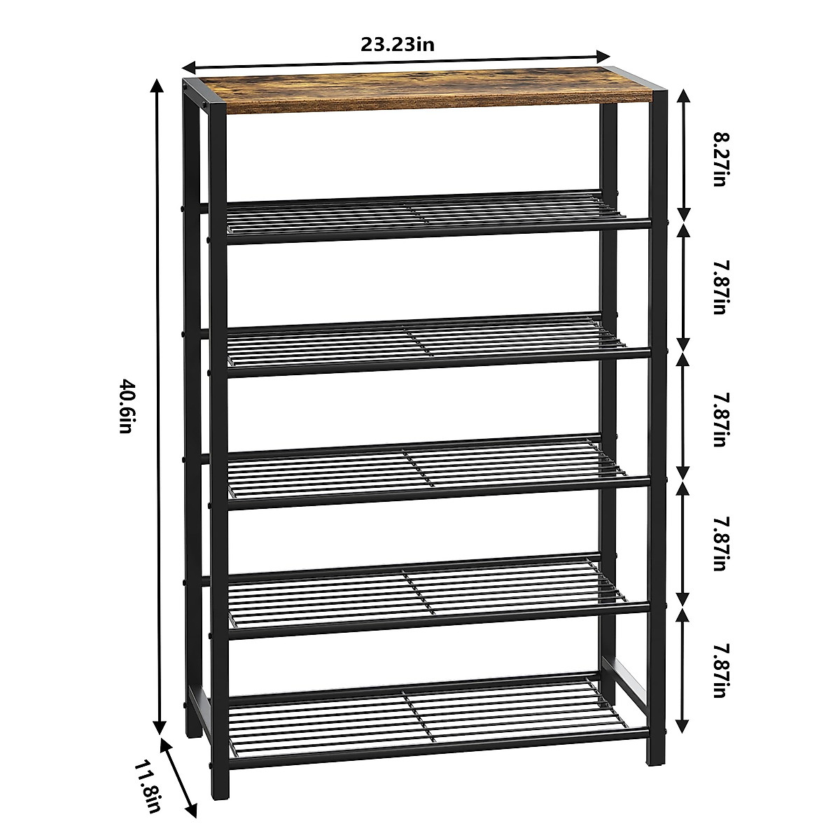 Yusong Shoe Rack, 6 Tier Shoe Organizer Storage for Closet Entryway, Narrow Tall Metal Shoe Shelves with Industrial Wooden Top, Rustic Brown and Black