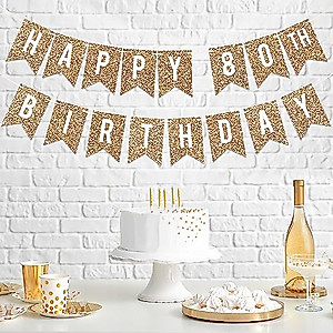 Pre-Strung Happy 80th Birthday Banner - NO DIY - Gold Glitter 80th Birthday Party Banner For Men & Women - Pre-Strung Garland on 6 ft Strands - Gold Birthday Party Decorations & Decor. Did we mention