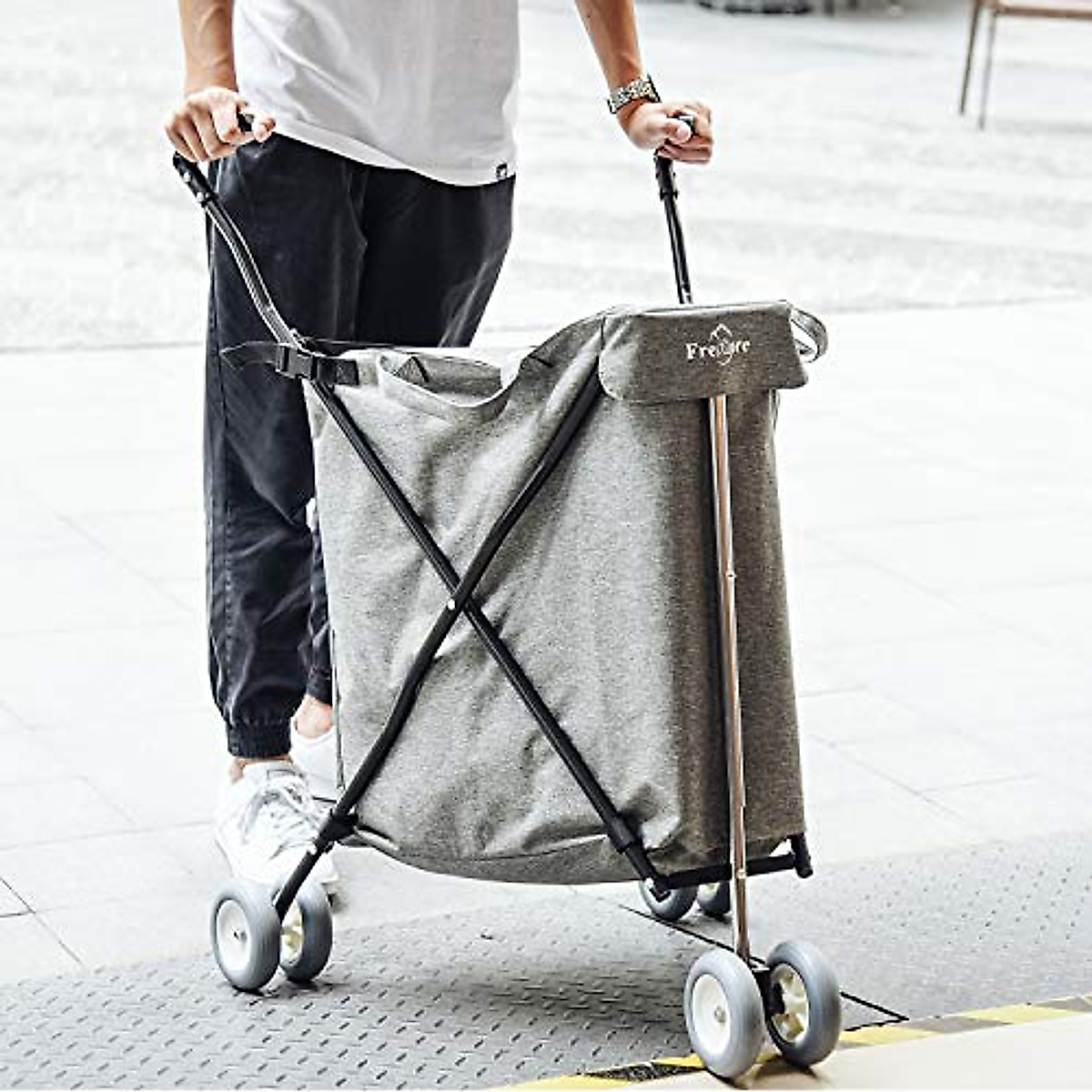 Freshore Utility Shopping Cart with Wheels - Collapsible Push Folding Grocery Wagon Trolley 丨 Laundry Trolley Carrier with Heavy Duty Flexible Fashion Design (Navy Blue)