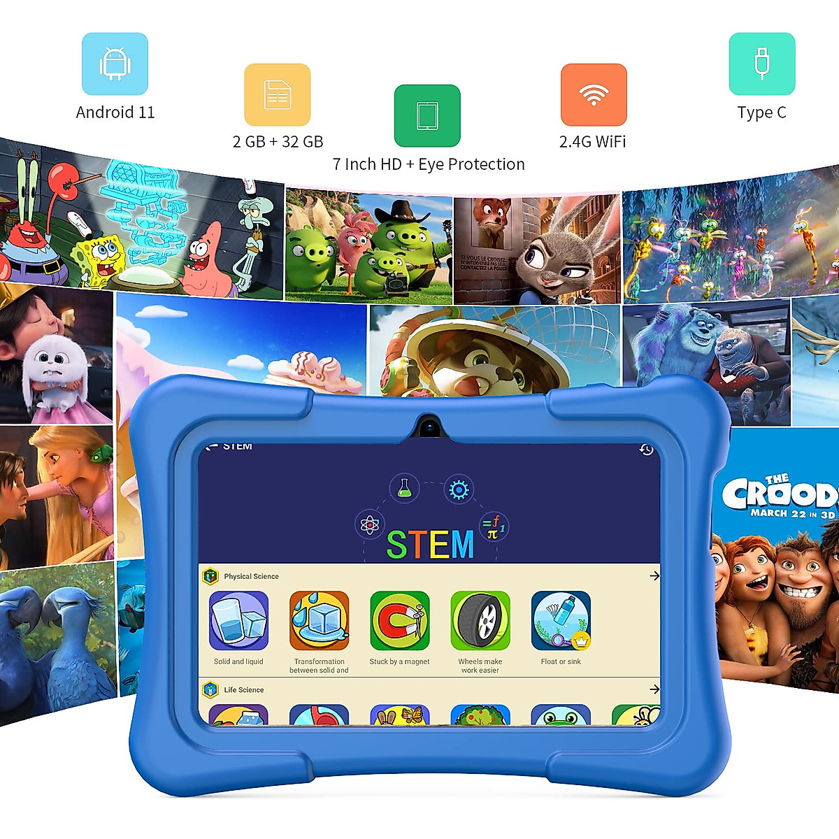 PRITOM Tablet for Kids, 7 inch Kids Tablets with WiFi, 32GB ROM, 2GB RAM, Bluetooth, Camera, Parental Control, Pre-Installed APPs, Games, Learning Educational Toddler Tablet with Case, Blue