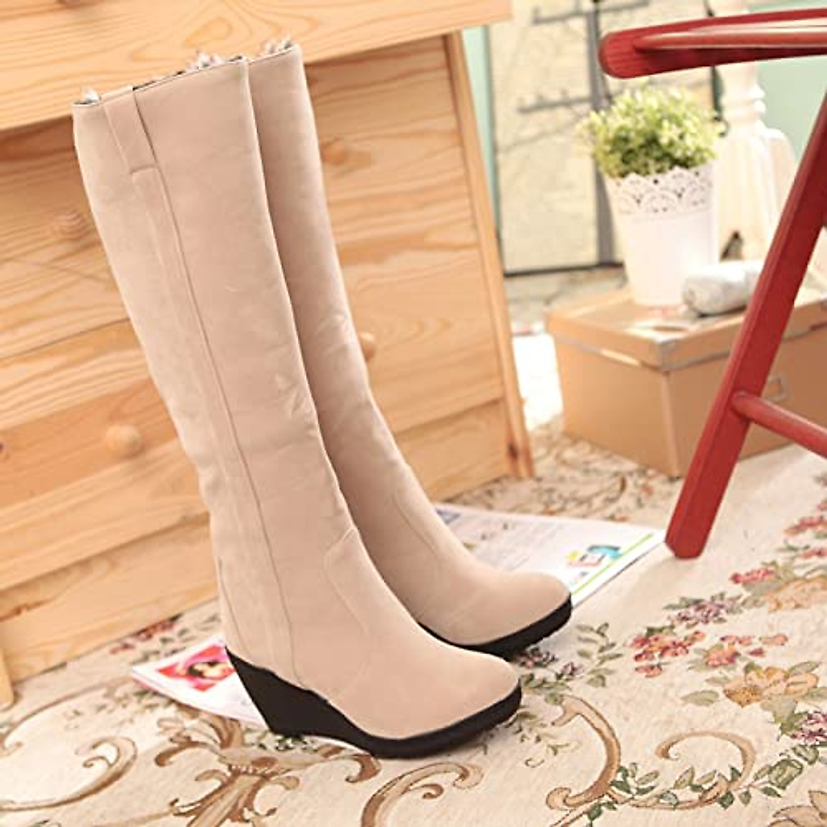 Womens Shoes Fashion Stretch Solid Color Round Toe Zipper Middle Heel Chunky Heel Over The Knee Boots Apostrophe Boots