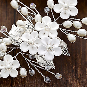 Unicra Silver Bride Wedding Hair Vine Flower Bridal Hair Piece Pearl Hair Accessories Leaf Headpieces Jewelry for Women and Girls (12.5 Inches) (Silver)