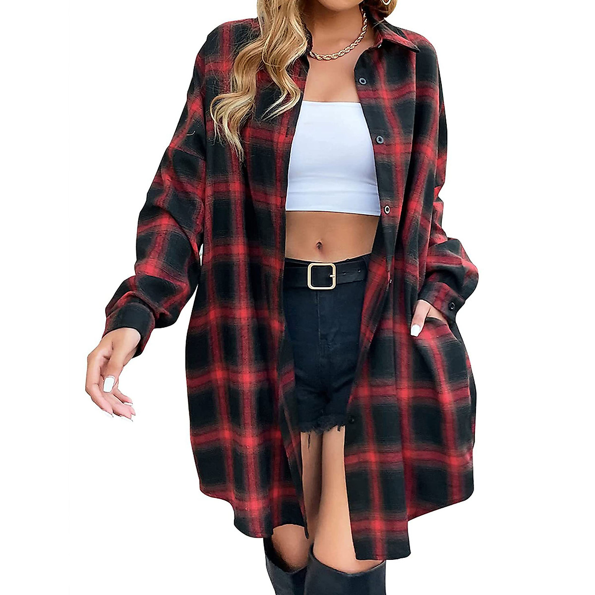 HangNiFang Long Flannel Shirts for Women Button Down Plaid Shirts Dresses Pocketed(0652-Red-XXL)