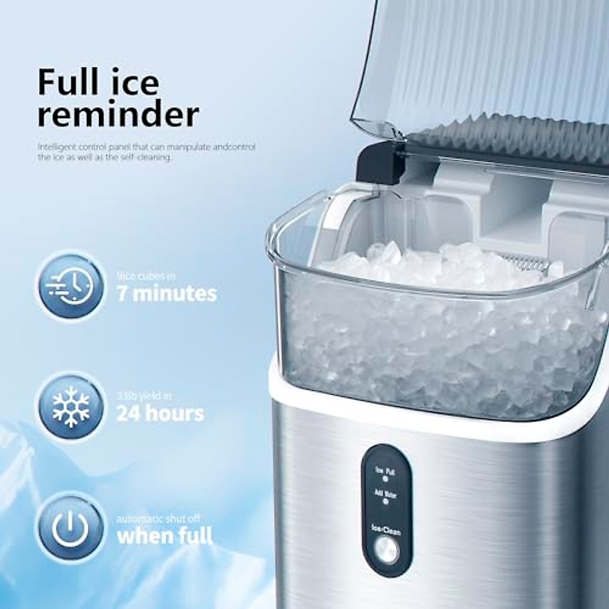 ZAFRO Nugget Ice Maker Countertop，One-Click Self-Cleaning Portable Ice Machine with Ice Scoop and Basket，Soft Chewable Ice in 7 Mins，35lbs/24H，for Home Kitchen Office Party，Stainless Steel Silver