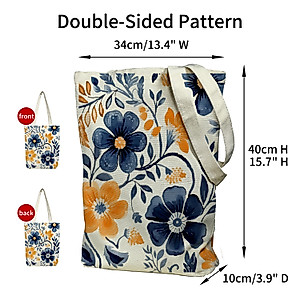 Canvas Tote Bag With Zipper Floral Tote Bag Women Canvas Tote Bag Pocket Handles Double-Sided Pattern Flower Book Tote Shoulder Bag Canvas Bag for Grocery Shopping Travel Commuting Daily College Gifts