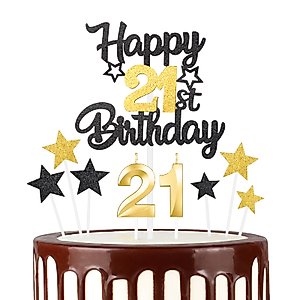 iNINGER Boys Girls 21th Happy Birthday Candles Cake Toppers,Number 21 Candle for Cake,Black Gold Candles for Women Men Birthday Decorations,Star Cake Toppers for Birthday Party Wedding Anniversary