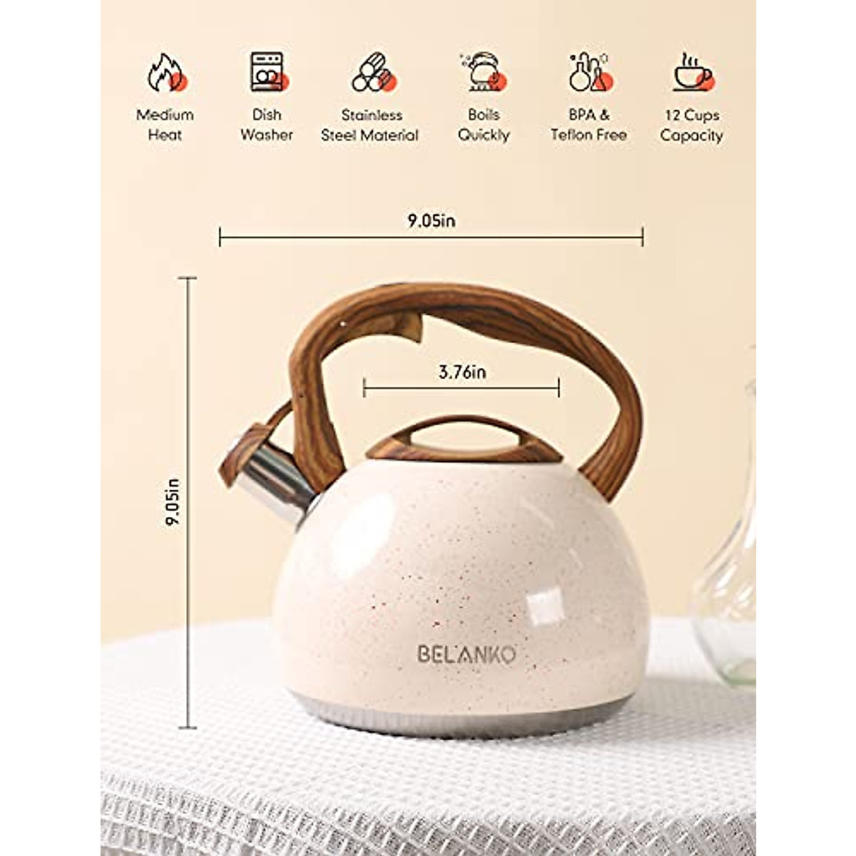 Tea Kettle, 2.7 Quart BELANKO Teapot for Stovetops Wood Pattern Handle with Loud Whistle Food Grade Stainless Steel Tea Pot Water Kettle - Cream White