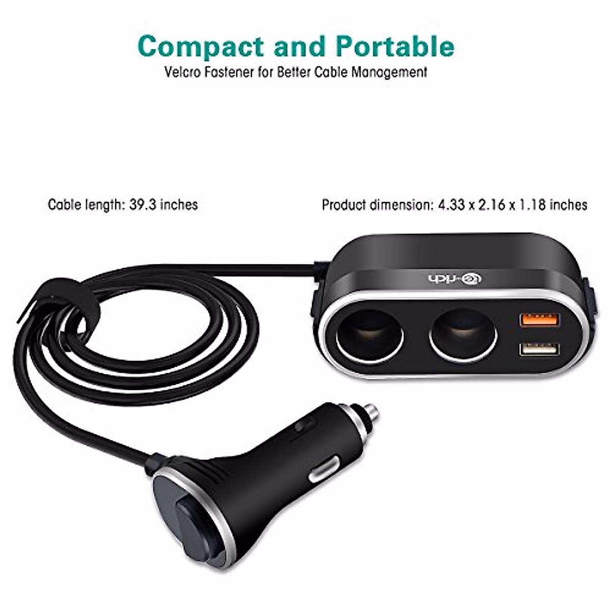 Car Socket Splitter, Te-Rich 96W 2-Way Auto Cigarette Lighter Splitter Power Adapter 12V/24V DC Outlet Extender 5.4A (Quick Charge 3.0 + 2.4A) Dual USB Charger for iPhones and Samsung Galaxy