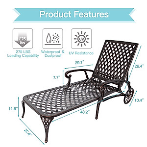 HOMEFUN Chaise Lounge Chair Outdoor, Pool Lounge Chairs Set of 2 Cast Aluminum Tanning Chairs with Adjustable Backrest and Moveable Wheels, Bronze