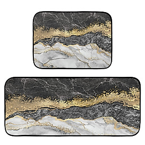 Kitchen Mats Rugs 2 Piece Set Bath Mat Antifatigue Cushioned Gold Black Marble for Floor Washable Non Slip