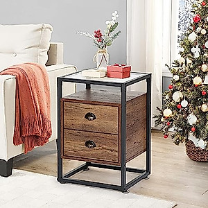 VECELO End Table, Modern Nightstand with Drawer, Night Stand Set of 2 for Bedroom Living Room,Tempered Glass, Brown/2pcs