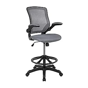Flash Furniture Kale Mid-Back Dark Gray Mesh Ergonomic Drafting Chair with Adjustable Foot Ring and Flip-Up Arms