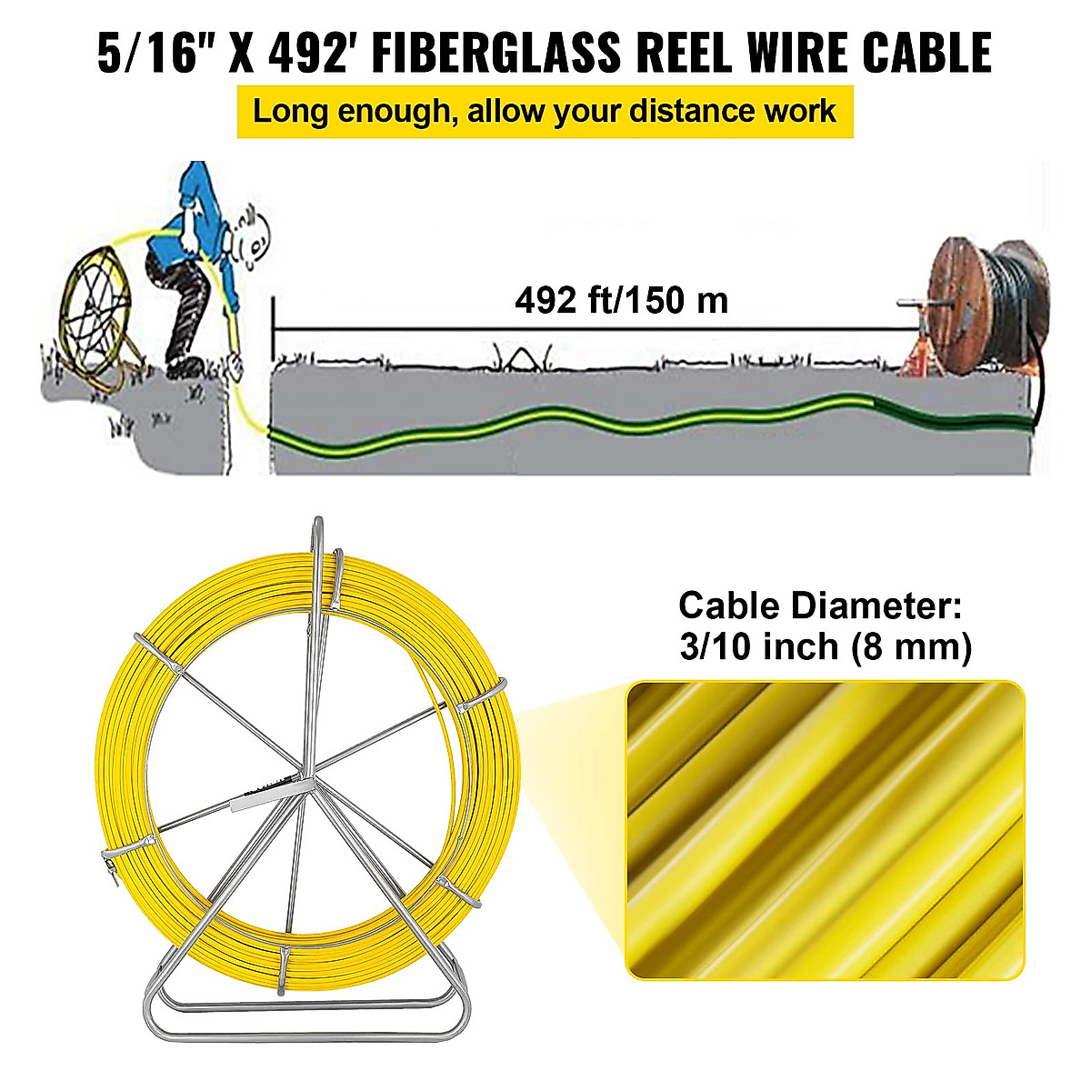VEVOR Fish Tape Fiberglass 8MM 492FT Duct Rodder Fish Tape Continuous Fiberglass Tape Wire Cable Running with Cage and Wheel Stand