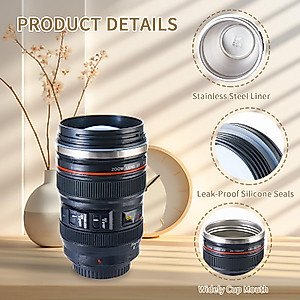 Newvenper Camera Lens Coffee Mug, 304 Stainless Steel Lens Insulated Travel Coffee Mug, BPA Free, Leak Proof, with 2 Lids, for Hot and Cold Drinking Coffee, Tea and Beer, 13.5floz