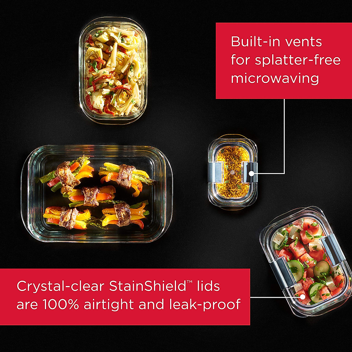 Rubbermaid Brilliance Glass Storage Set of 4 Food Containers with Lids (8 Pieces Total), Set, Assorted, Clear
