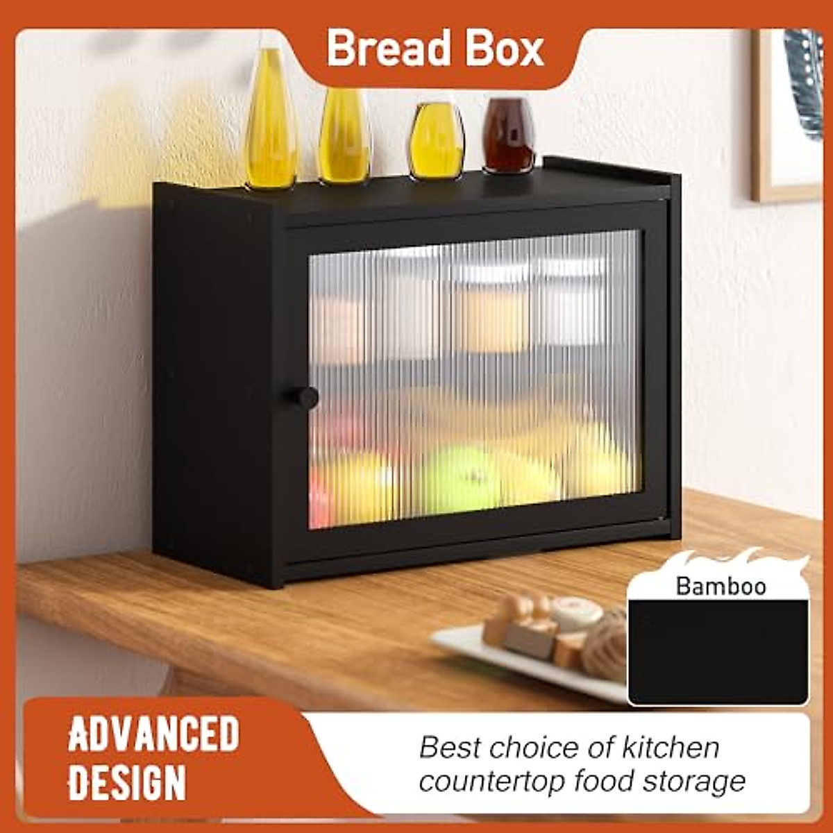 GHWIE Bread Box for Kitchen Countertop Large Bread Box Farmhouse Bread Container Bread Storage with Window Bread Holder Black