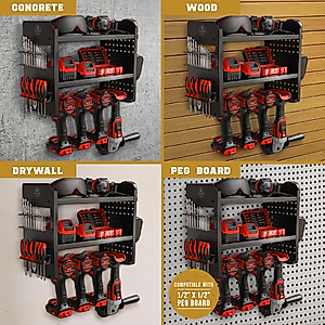 BUILTSTRONG Power Tool Organizer Wall Mount - 3-Tier Heavy-Duty Metal Hand Tool Storage Rack, Utility Racks, Drill Holder, PegBoard Side, & More - Garage Storage Cordless Tool Organizer (Black)