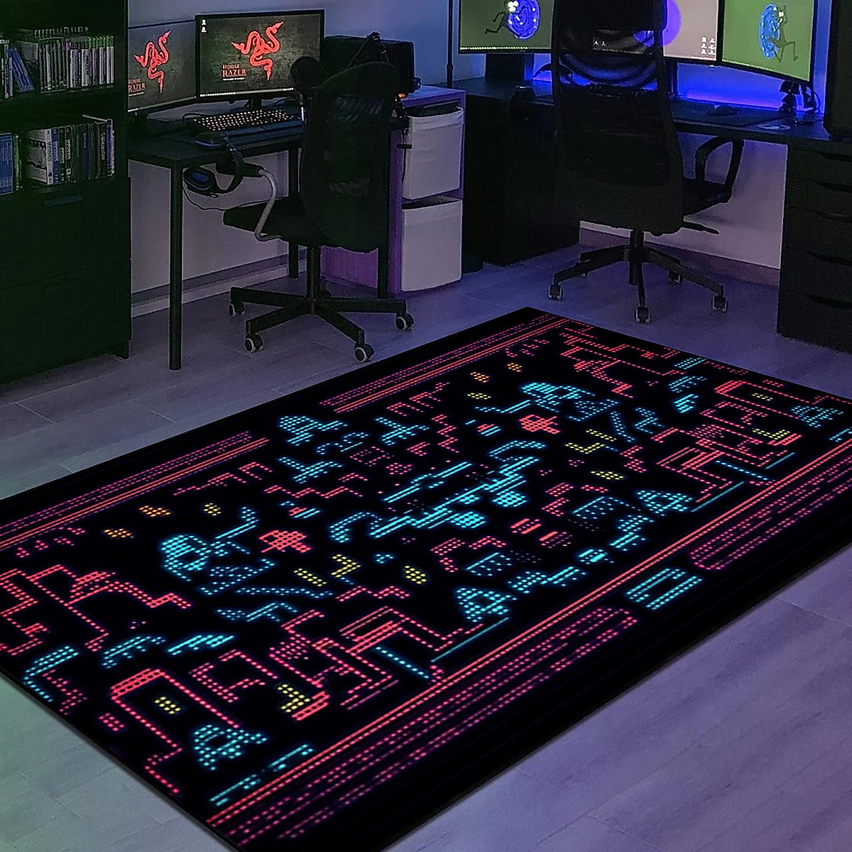 Dark & Neon 80s Arcade Carpet - Space Invaders NES Game 8bit, Customizable Area Rug, Living Room Full Size (5x8, 4x6, 3x5), Arcade Decor, Gaming Player Gift, Video Game