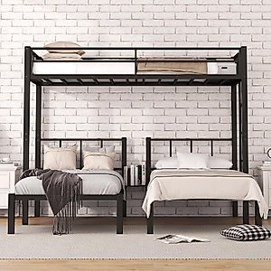 Black Metal Triple Bunk Beds Frame, Twin Over Twin & Twin Bunk Bed with Guardrails, Can Be Separated into 3 Twin Beds for Kids, Teens, Adults, No Box Spring Needed