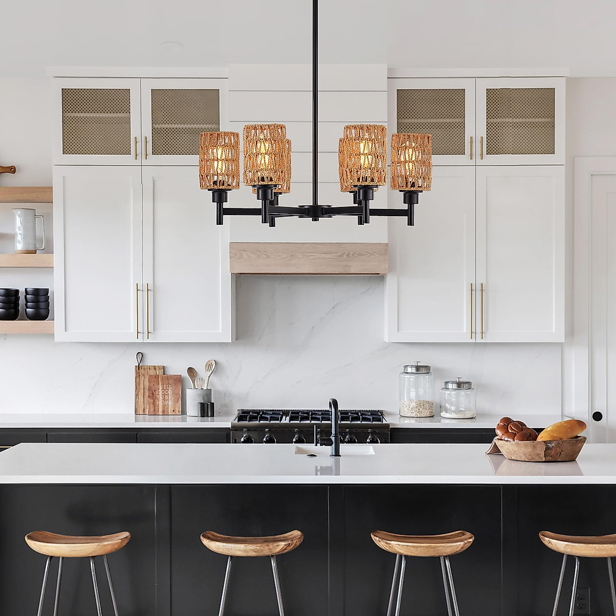 Widluth Black Chandelier Light Fixture Vintage 6-Lights Black Chandelier with Rattan Shade Industrial Boho 24.8" Hand Woven Bamboo Chandelier for Dining Room, Kitchen Island, Bedroom