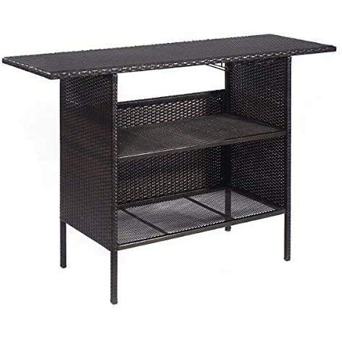 SPSUPE Outdoor Patio Rattan Bar Table, Wicker Bar Counter Table with 2 Steel Shelves and 2 Sets of Rails, 55.1"X 18.5"X 36.2" (L x W x H), Ideal for Garden, Backyard and Pool Side, Brown