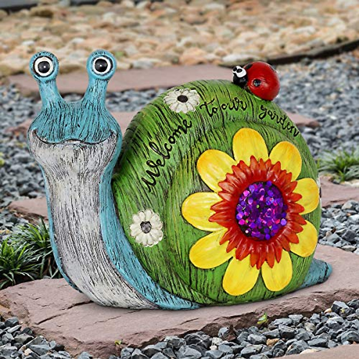 Exhart Colorful Snail Statue w/Welcome & Flower, Durable and Cute Resin Garden Décor, 10"x5.0"x8.5"
