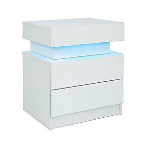 CuisinSmart Led Nightstand, Bedside Table Cabinet with Lights High Gloss End Side with 2 Drawers, White Smart Nightstand Flip-Top Hidden Storage Space for Bedroom White As Shown