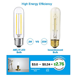 AIELIT E26 LED Tubular Light Bulb 25 Watt Equivalent, Bright White 5000K, 200 Lumens, 2W Daylight DimmableT10/T30 Edison LED Filament Bulbs for Chandelier, 4-Pack