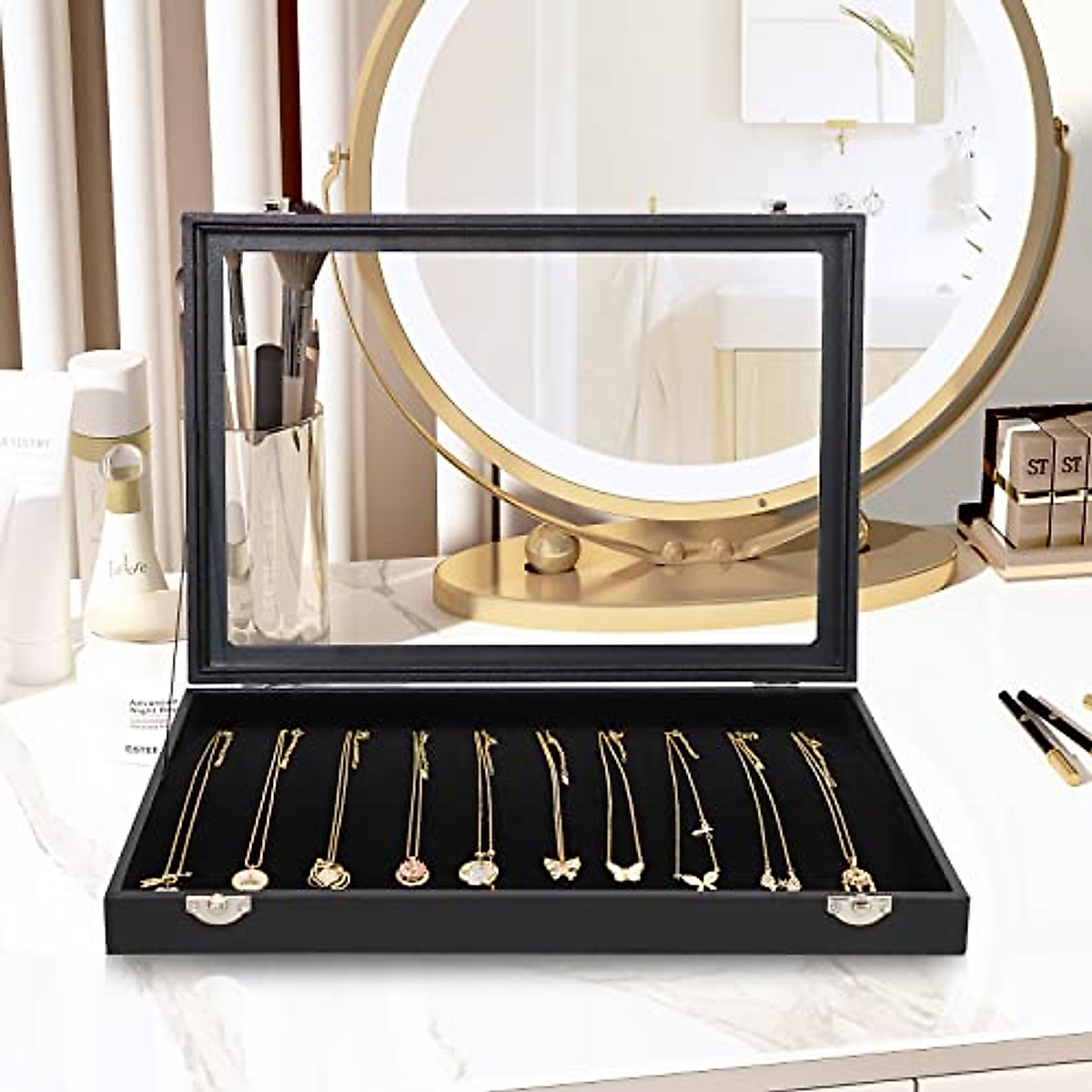 Wudygirl 20 Hooks Necklace Tray Storage Box Jewelry Display Stackable Glass Top Lockable Black Velvet Boxes(Necklace Box)
