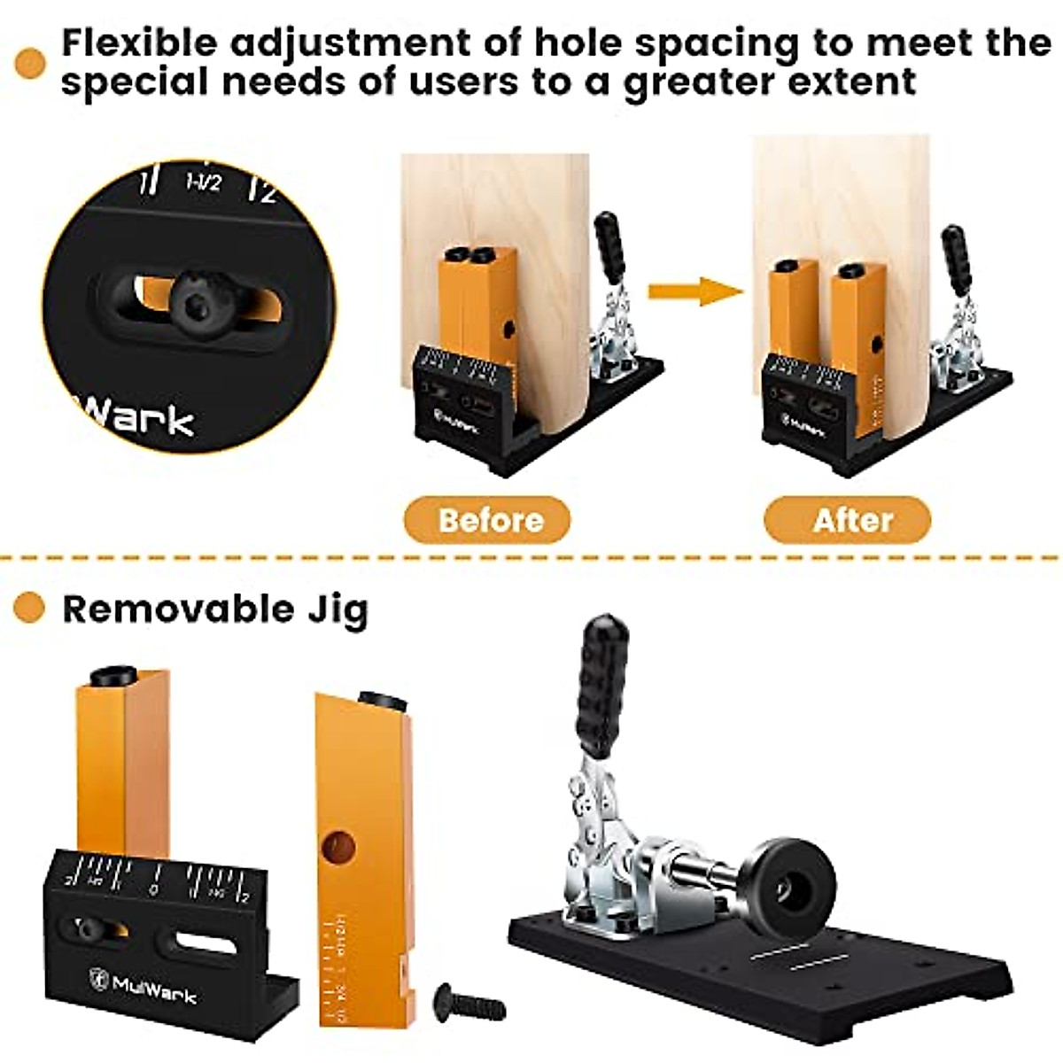 MulWark 3 In 1 Aluminum Pocket Hole Jig System Kit, Removable Pocket Screw Jig, Adjustable Hole Pitch 15° Angled Drill Guides, w/Built-in Clamping System, Great Carpenter Woodworking Tool for Joinery
