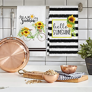 AnyDesign Sunflower Kitchen Dish Towel 18 x 28 Inch Seasonal Watercolor Flower Bicycle Cloth Tea Towel White Black Stripes Spring Summer Farmhouse Decorative Hand Towel for Kitchen Home Cooking, 2Pcs