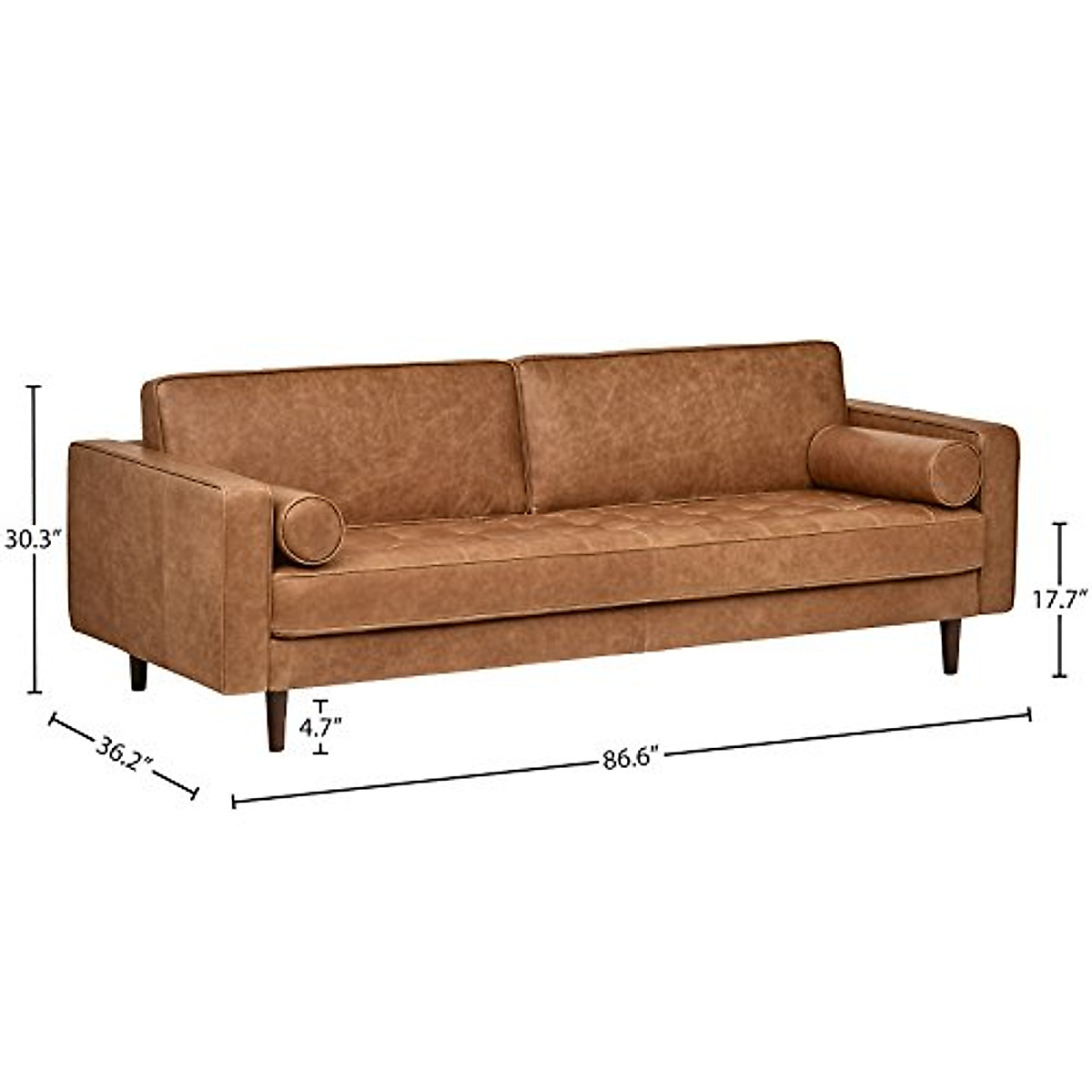 Amazon Brand – Rivet Aiden Mid-Century Modern Leather Sofa Couch, 86.6"W, Cognac