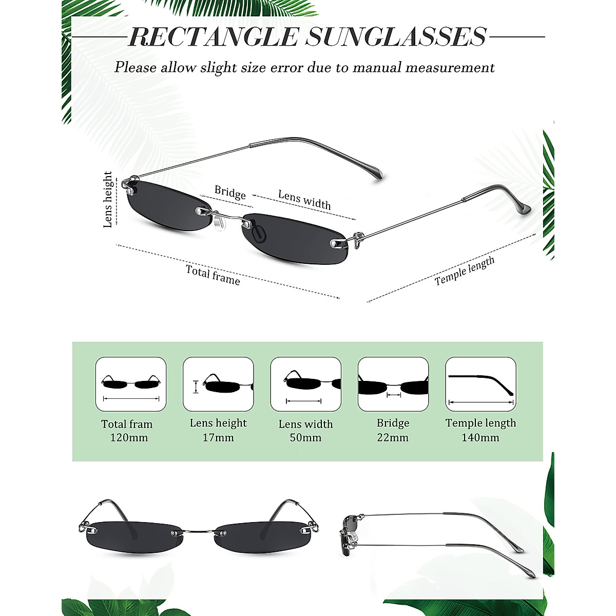 4 Pairs Women Thin Vintage Sunglasses Rectangle Sunglasses Small Skinny Glasses Retro Designer Style Rimless Sunglasses with Metal Frame Narrow Vintage Eyewear for Men Women