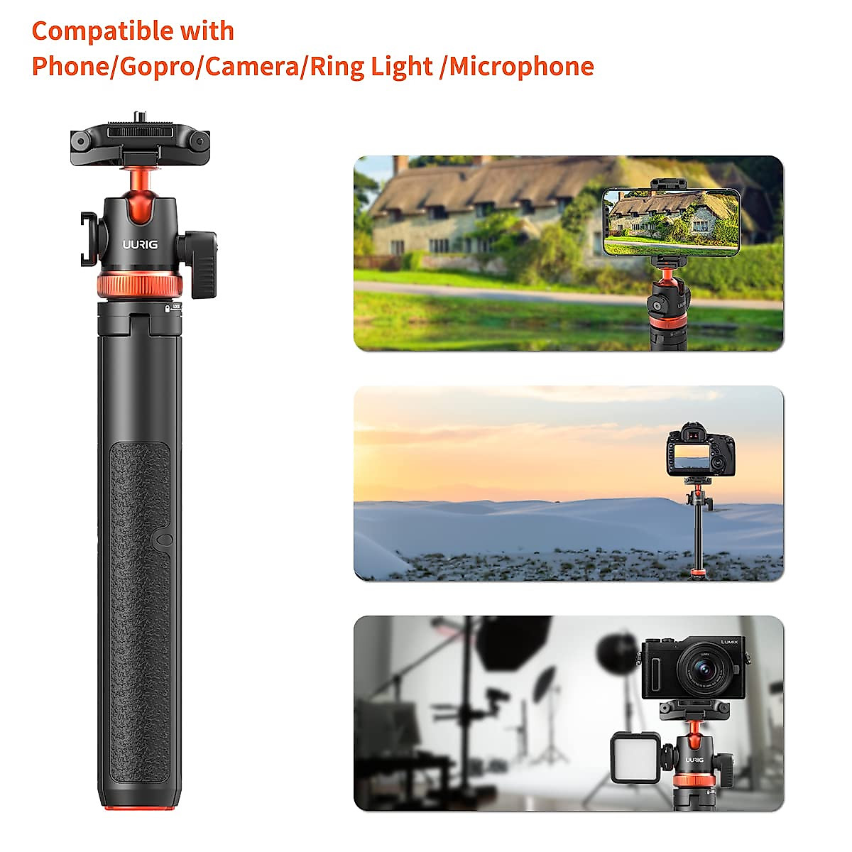 UURig Camera Tripod, 52 inch Extendable Phone Selfie Stick Camera Tripod Stand with 2 in 1 Phone Clip, 5 Levels Adjustment 360° Ball Head Loads Up for iPhone Sony Canon GoPro
