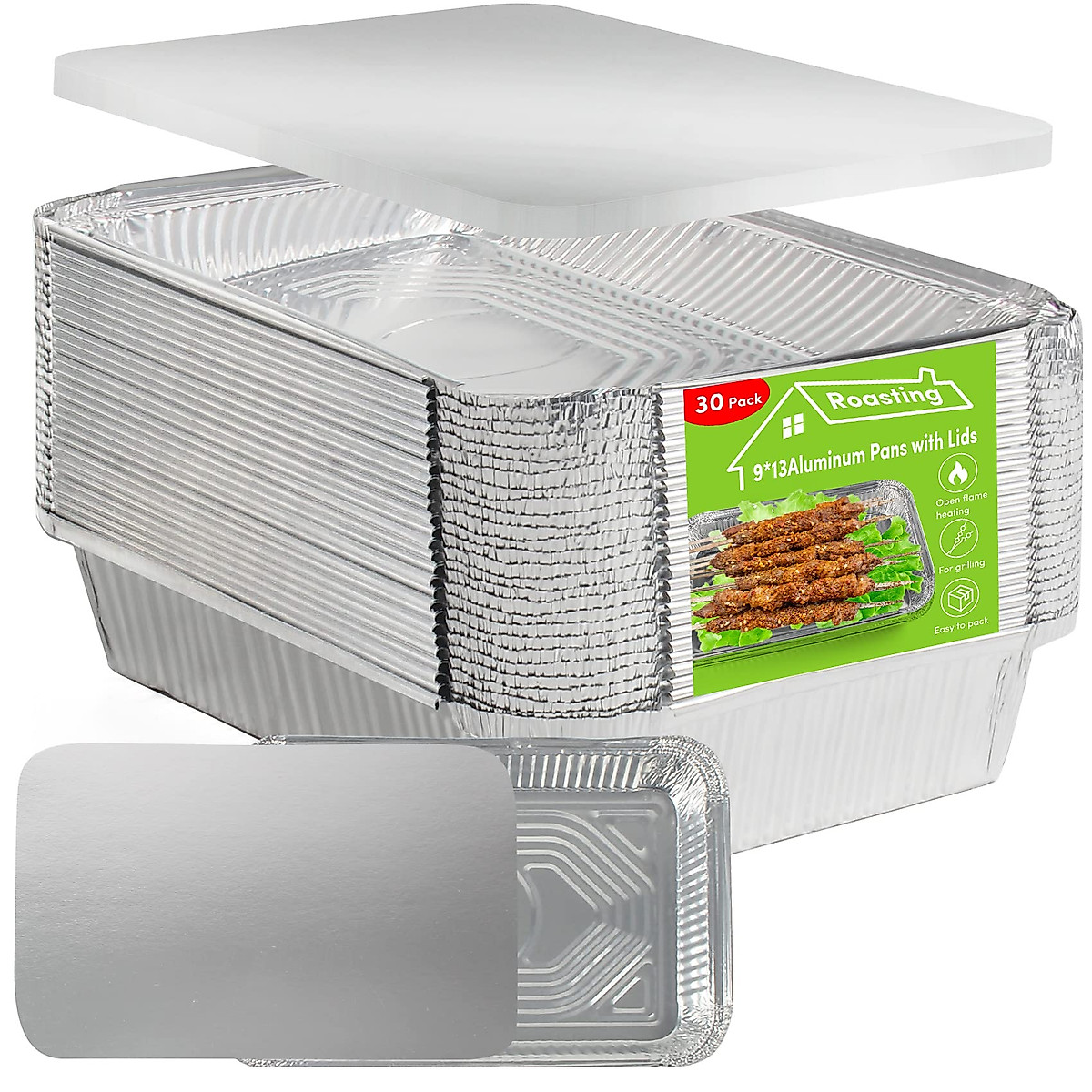 DEDU Aluminum Pans with Lids 9 x13 Heavy Duty, Rectangle Foil Pans with Covers 2.73 Lb Capacity, Disposable Tin Foil Pans Durable for Baking, Cooking, Heating, Storing, Food Prepping (30 Sets)