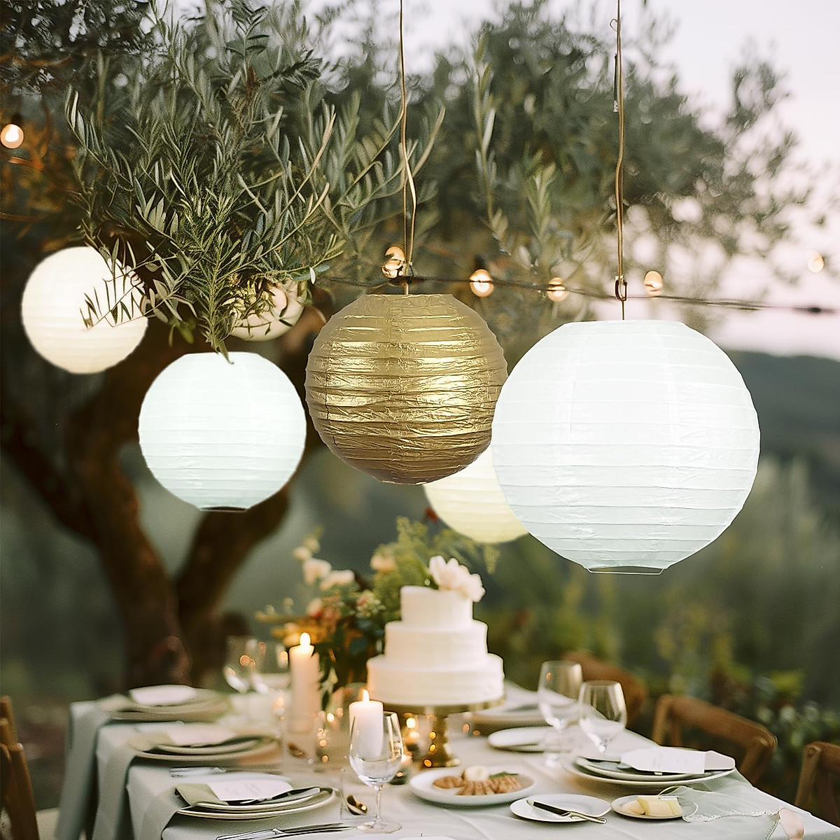 UNIQOOO 18PCS Metallic Gold Paper Lantern Wedding Decoration Set, Assorted Hanging Gold Japanese Paper Lantern, Reusable Easy Assemble, For New Year Christmas Birthday Baby Shower Party Favor Supplies