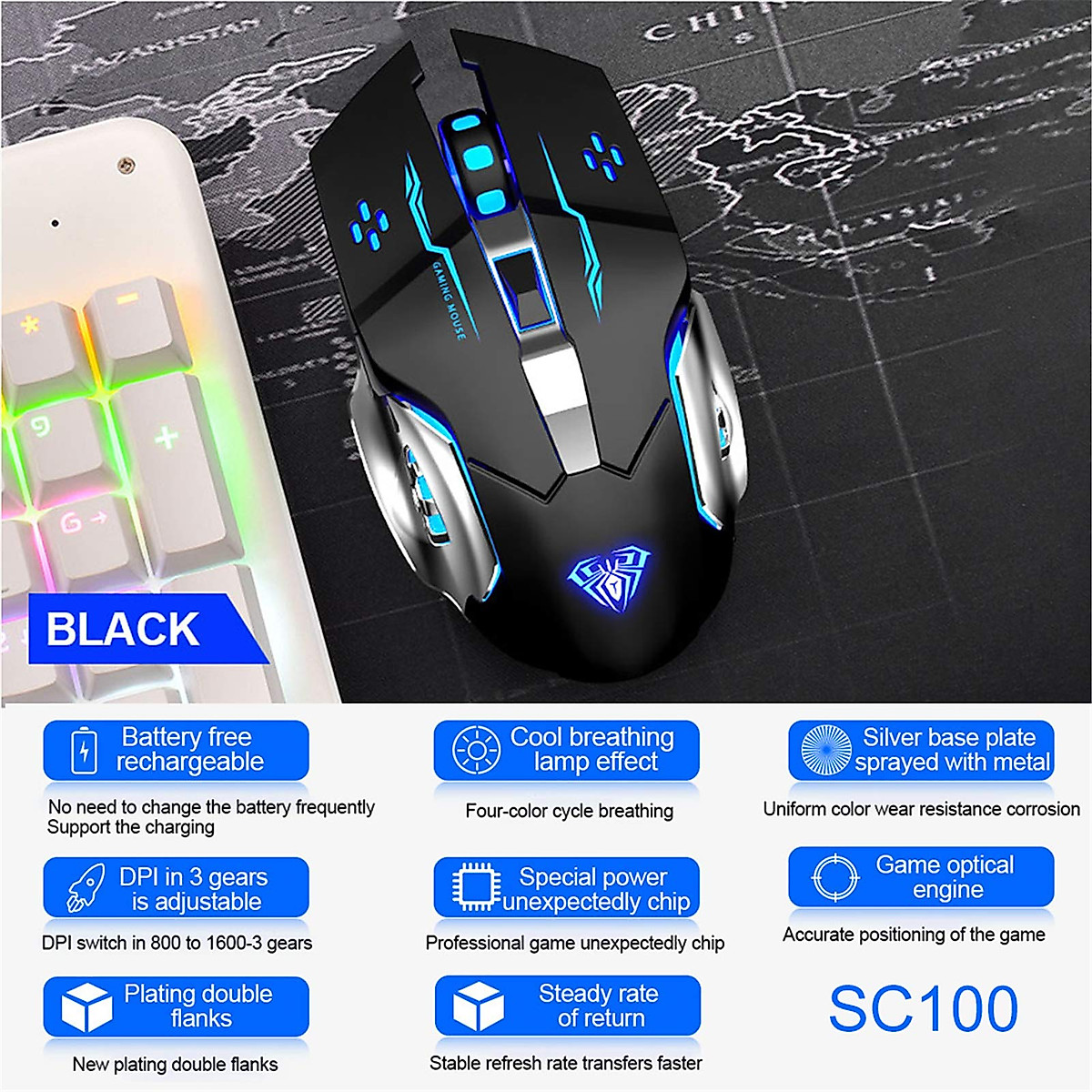 AULA Gaming Keyboard and Mouse Combo, F2088 Wired Mechanical Keyboard Black + SC100 Wireless Mouse Black + Mouse Pad, LED Keyboard Mouse Set