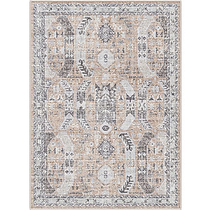 befbee Washable Rug 8x10 Area Rugs for Living Room - Stain Resistant Non-Slip Backing Rugs for Bedroom,Ultra-Thin Vintage Large Area Rug (Peach/Grey, 8'x10')