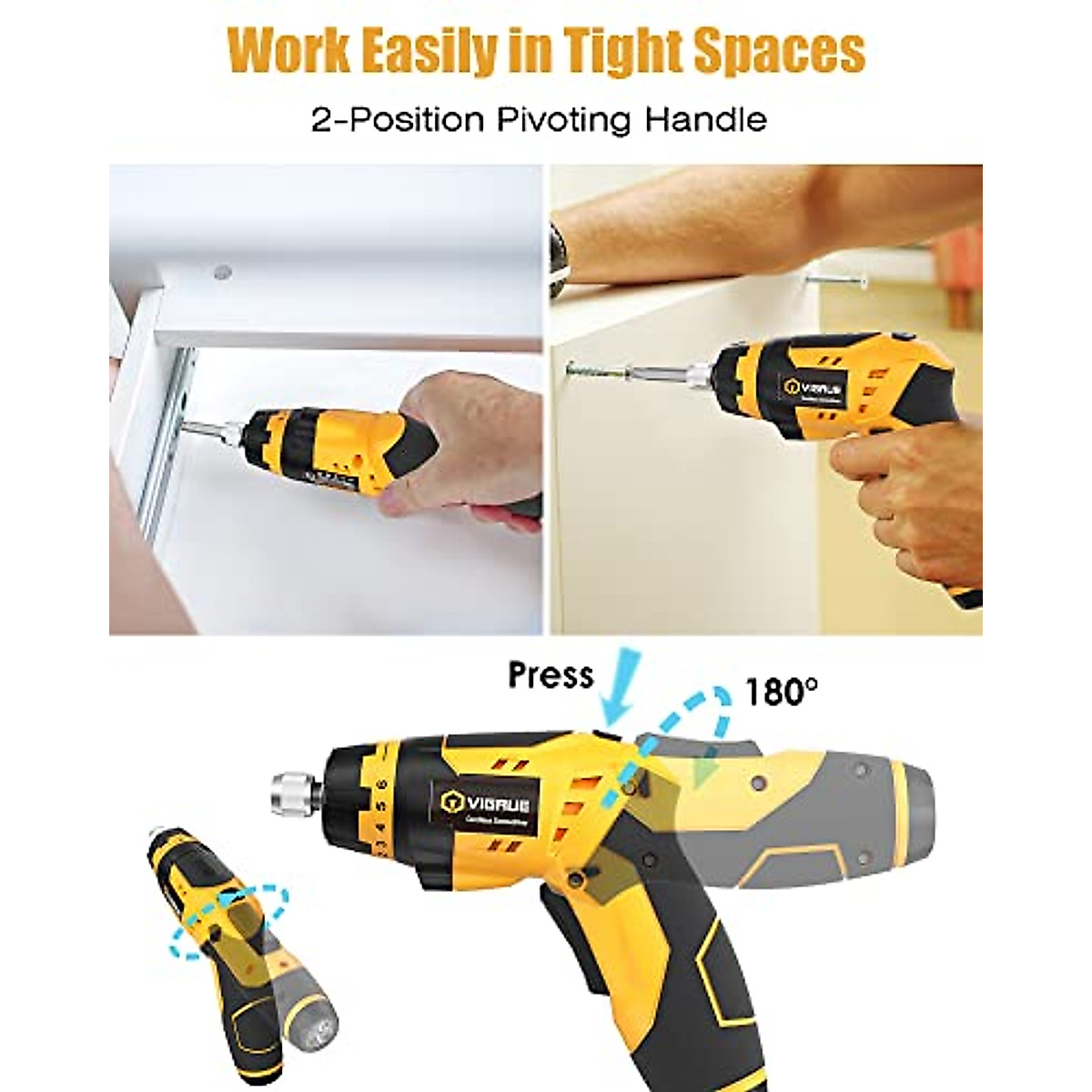 VIGRUE Cordless Screwdriver, Rechargeable Electric Screwdriver with 45 Free Accessories, Battery Indicator, 7 Torque Setting, 2 Position Handle with LED Light, Flexible Shaft
