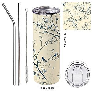 Medpol Flower and bird tumbler with lid and straw 20 oz insulated tumbler cups Minimally printed flower and bird insulated travel coffee mugs for women cute sippy cups stainless insulated travel cups